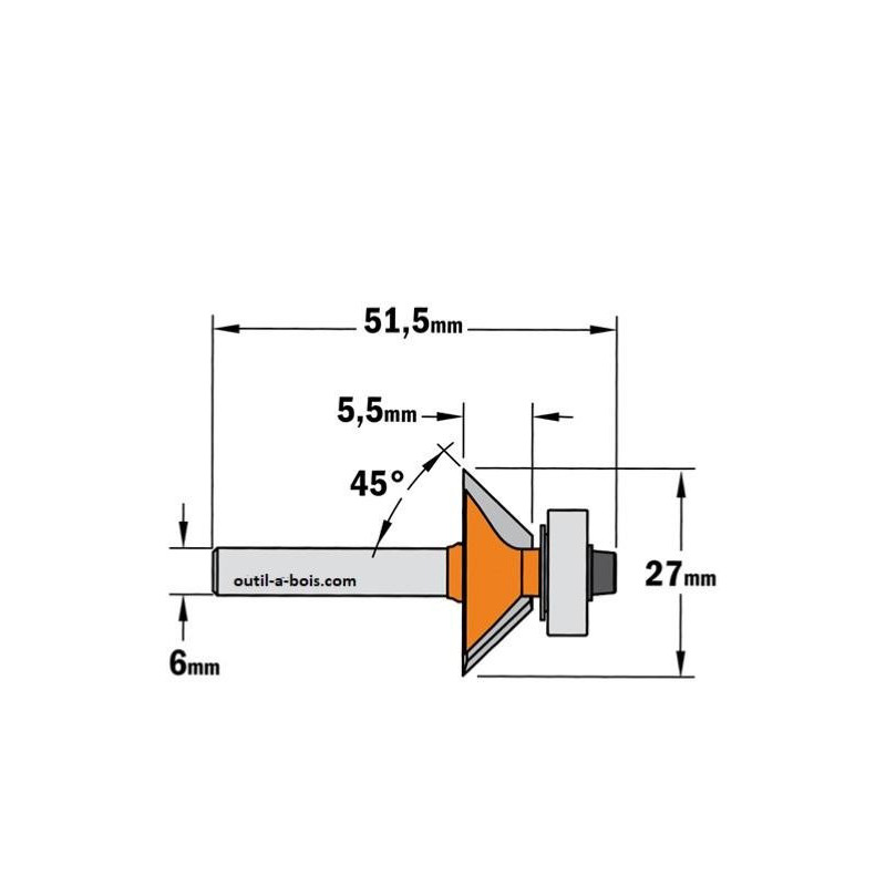 Fraise CMT à affleurer et chanfreiner, angle de 45°, queue de 6 mm