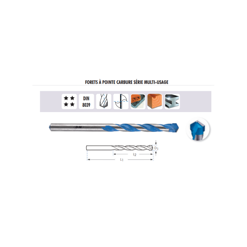 Foret à pointe carbure multi-usage, diamètre 10 mm