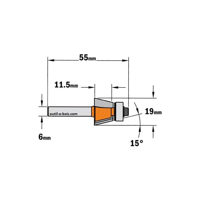 Fraise à chanfreiner CMT - Angle 15° - Queue de 6 mm avec roulement
